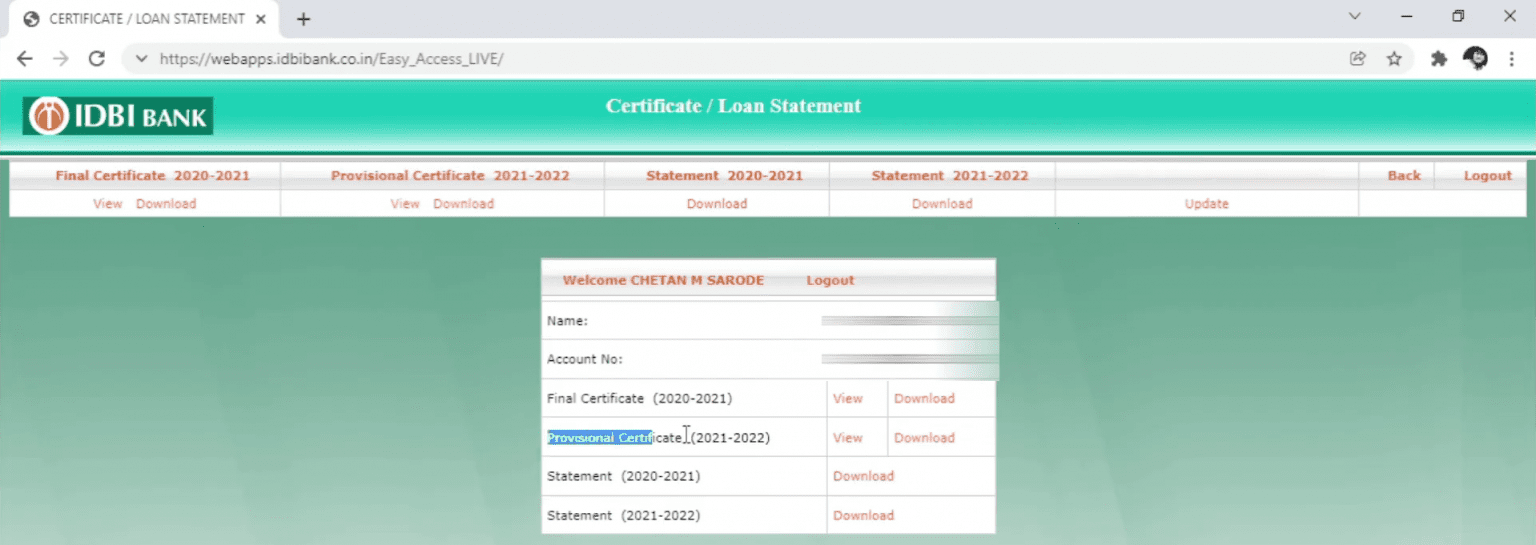 IDBI Home Loan Statement - Download Interest Certificate